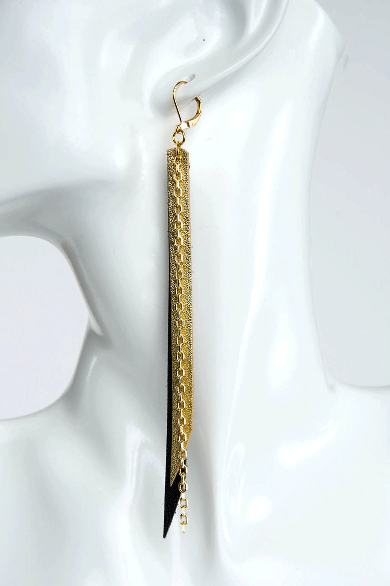 Gold & Black Leather with Gold Chain Earrings – Tamo Design