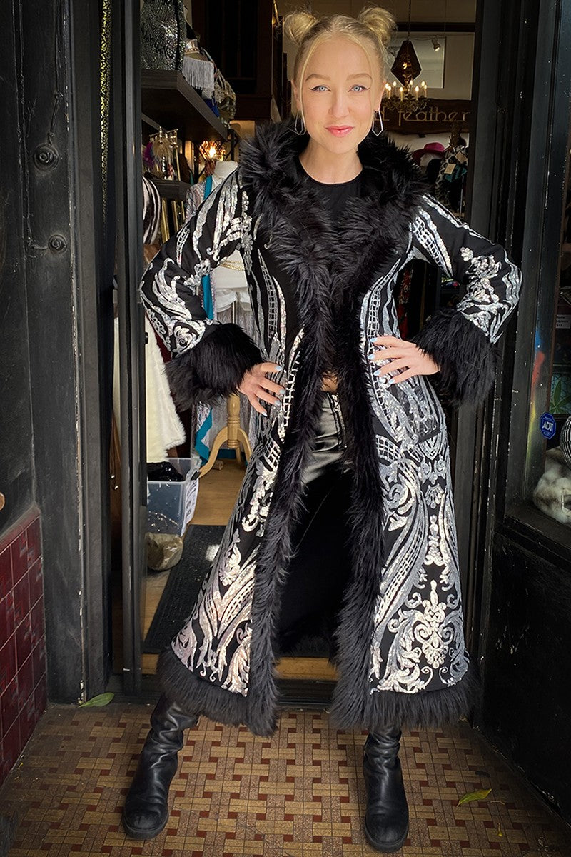 Deluxe Tamo Coat: Silver Baroque Sequin + Black Faux Fur Trim – Tamo Design